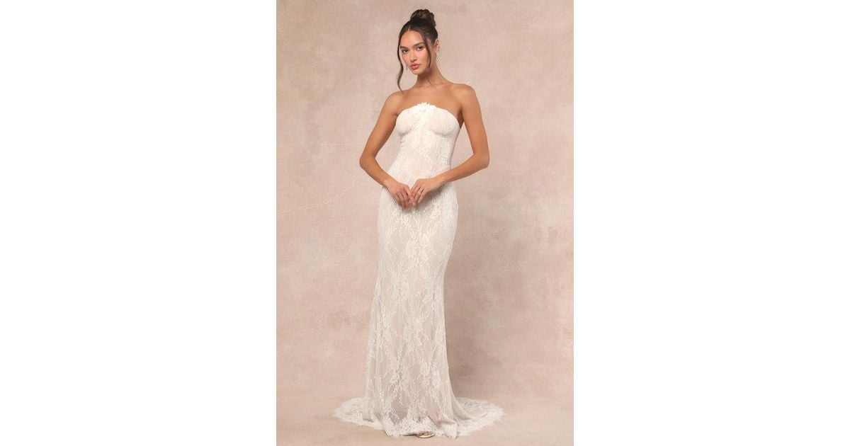 Lulus Valeria Lace Strapless Bustier Maxi Dress in Natural | Lyst