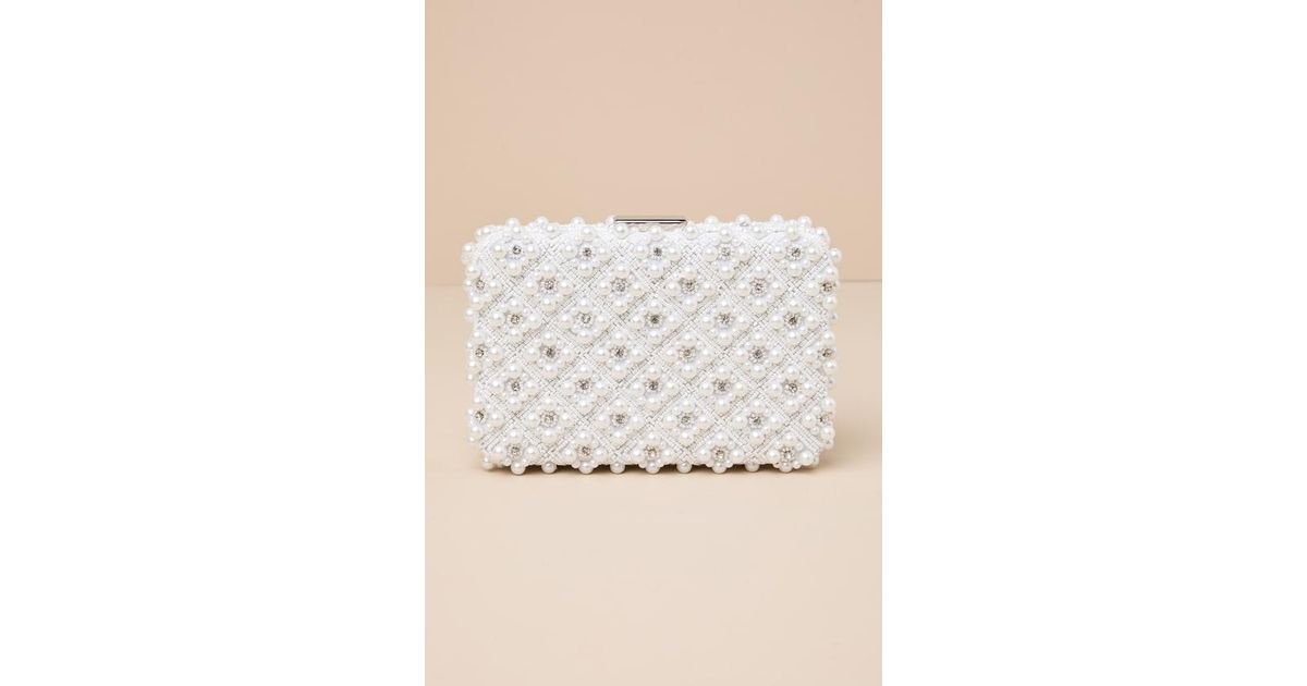 Lulus Utterly Elevated Pearl Rhinestone Rectangular Clutch in Natural ...