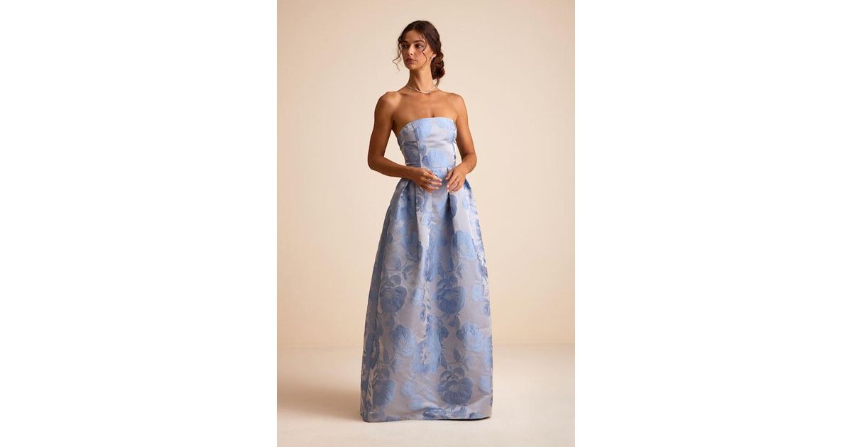 Lulus Laurelin Floral Jacquard Pleated Strapless Maxi Dress in Blue | Lyst