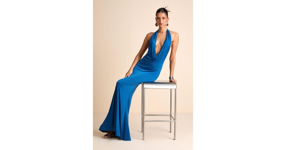 Lulus Eye-Catching Silhouette Cowl Neck Halter Maxi Dress in Blue | Lyst