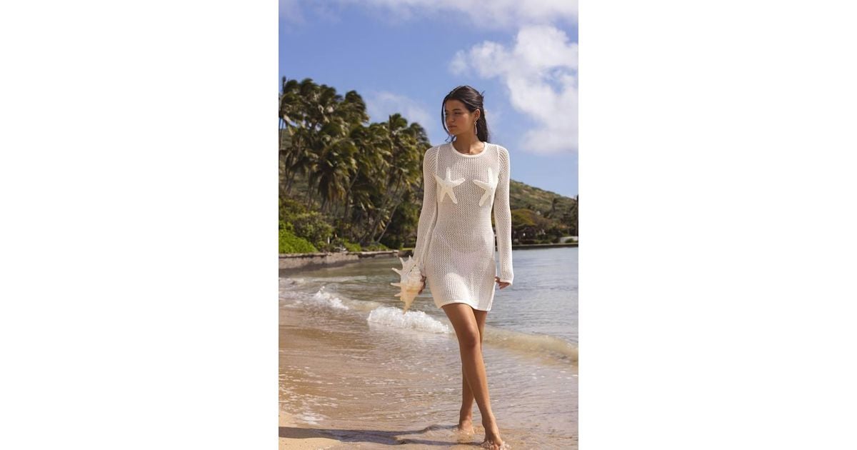 Lulus Arizbeth Crochet Starfish Long Sleeve Swim Cover-Up in Natural | Lyst