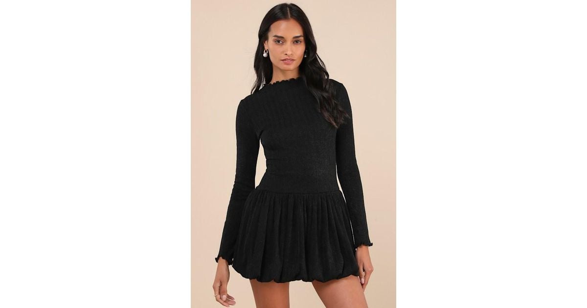 Lulus Approachably Adorable Ribbed Bubble-Hem Mini Dress in Black | Lyst