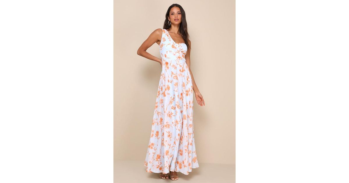 Lulus Fashionably Refined Floral One-Shoulder Maxi Dress in Natural | Lyst