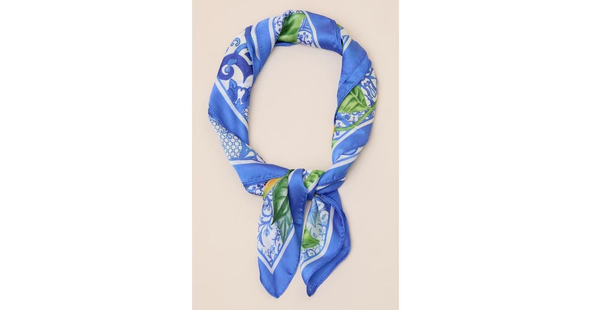 Lulus Elena Lemon Print Satin Scarf in Blue | Lyst UK