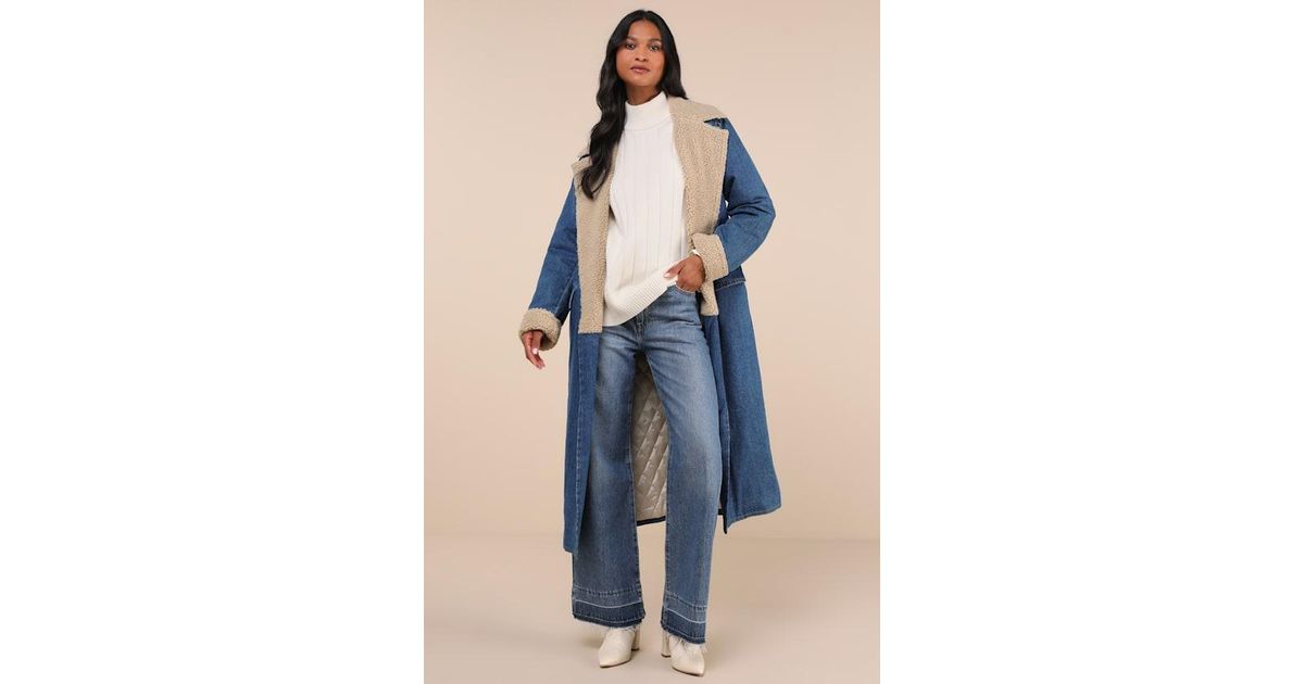 Lulus Superb Statement Medium Wash Denim Shearling Trench Coat in Blue ...