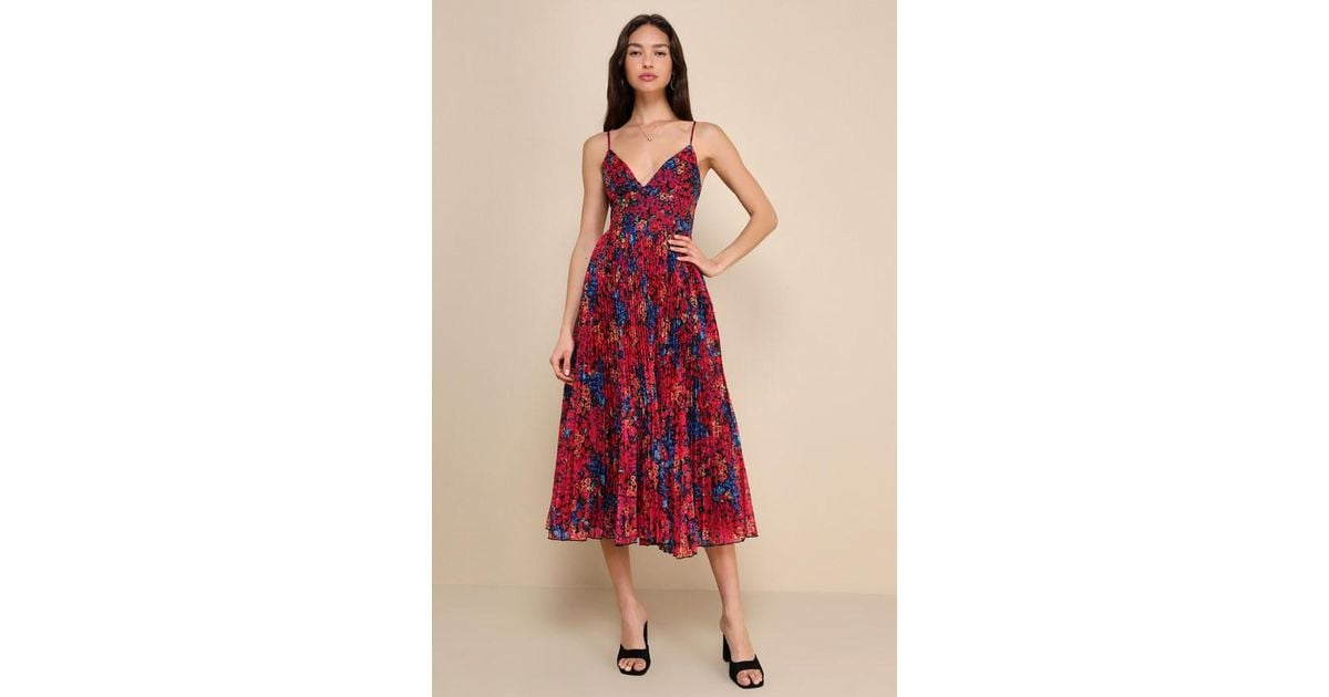 Lulus Sincerely Gorgeous Multi Floral Pleated Midi Dress in Red | Lyst