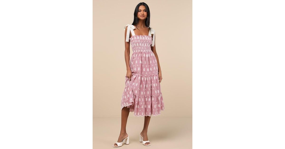 JACQUIE THE LABEL Isabella Gingham Embroidered Tiered Midi Dress in ...
