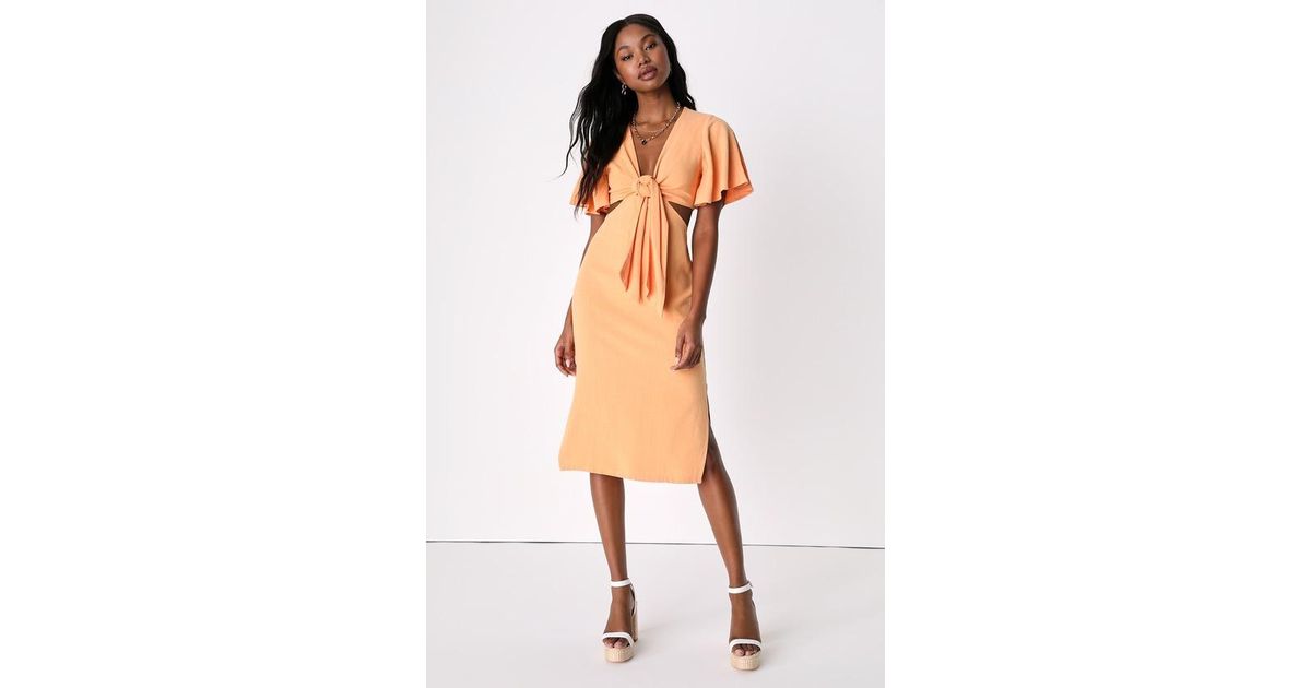 Lulus Summer Journey Light Tie-Front Cutout Midi Dress in Orange | Lyst