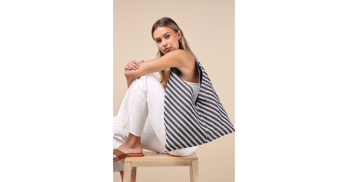 Lulus Maeryn And Ivory Striped Tote Bag in Blue | Lyst