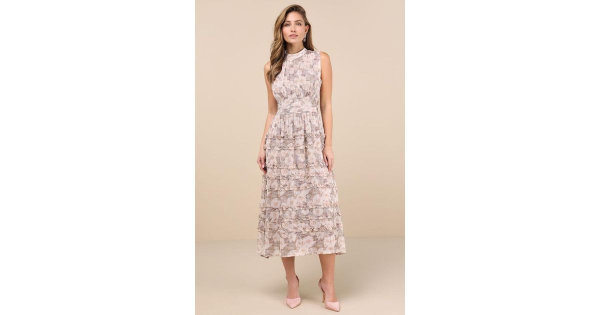 Lulus Happily Sweet Floral Mock Neck Backless Midi Dress in Natural | Lyst