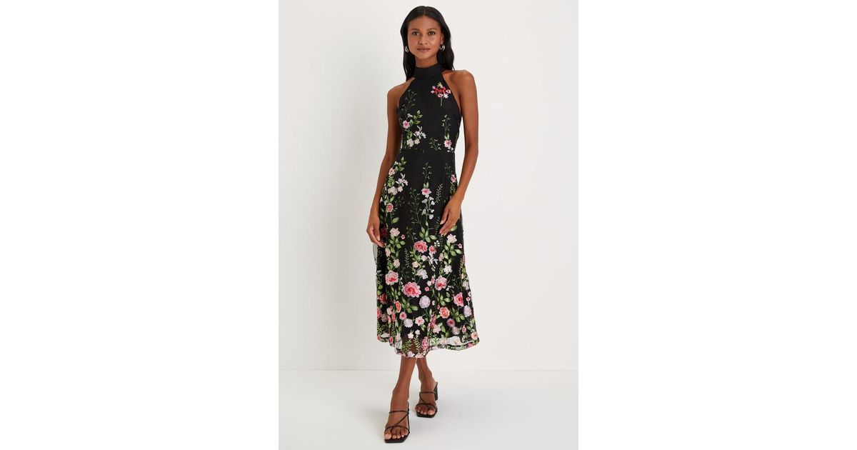 Lulus Blossoming Energy Floral Embroidered Halter Midi Dress in Black ...