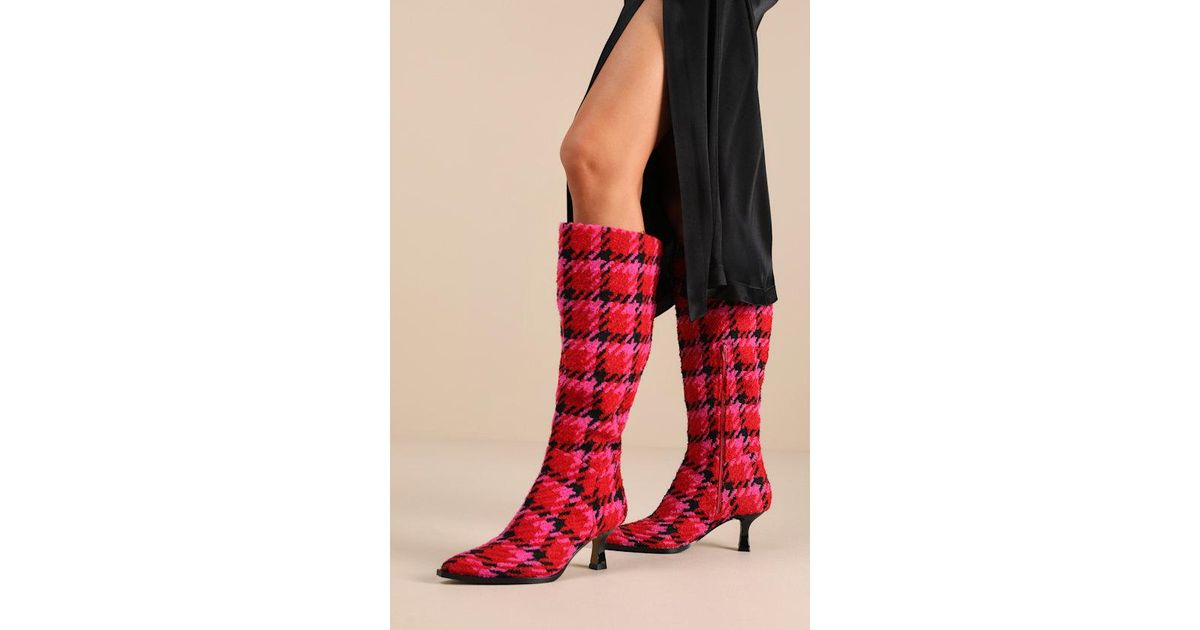 Betsey Johnson Pamella Plaid Tweed Knee-High Boots in Red | Lyst UK