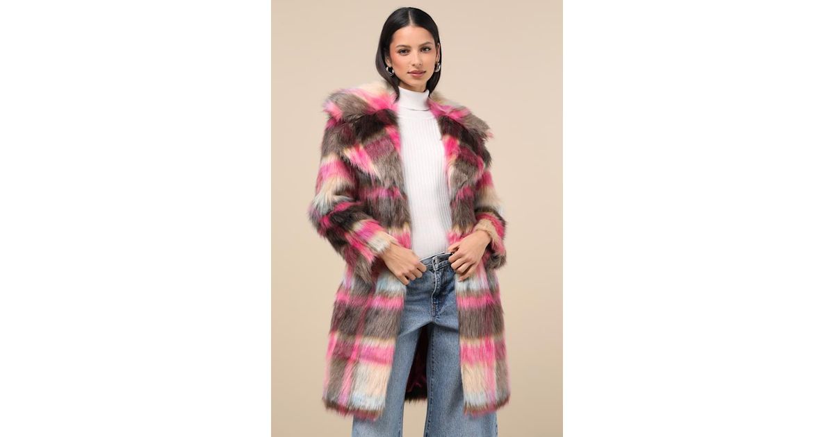 NVLT Fancy And Plaid Faux Fur Coat in Pink | Lyst