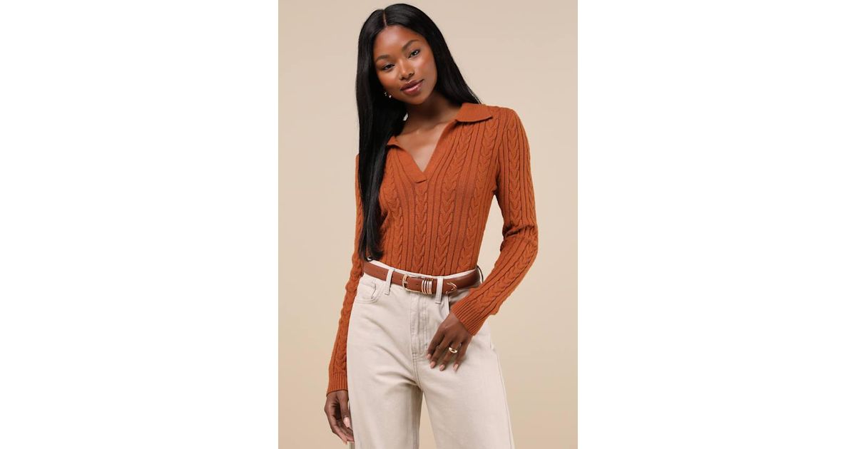 Lulus Seasonal Classic Rust Cable Knit Collared Sweater Top | Lyst