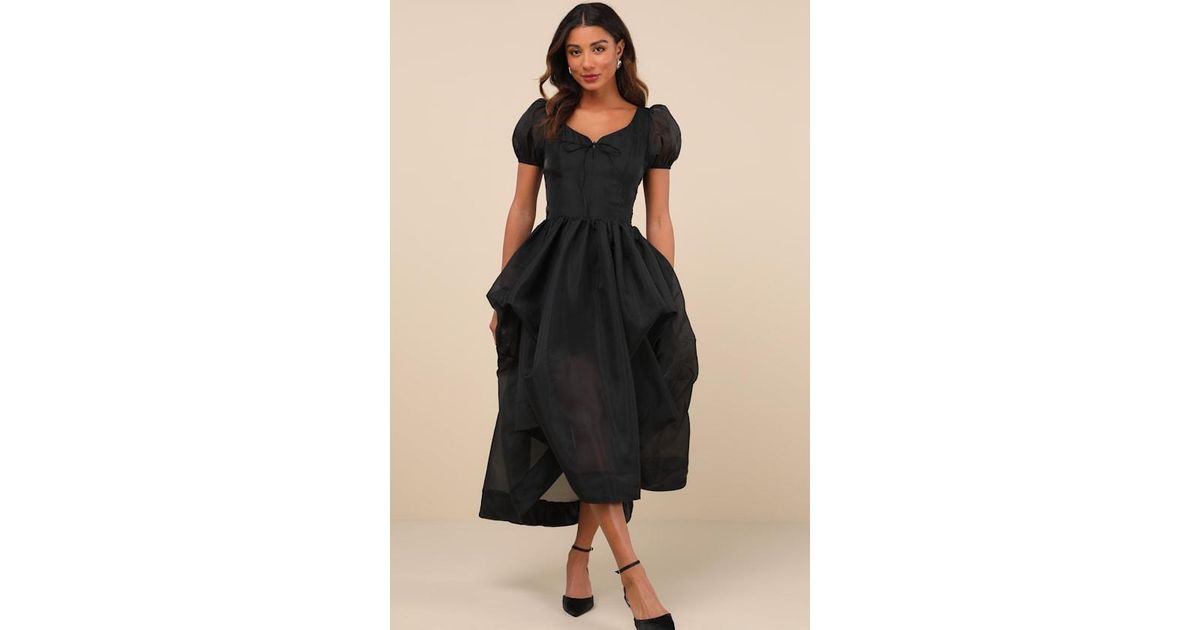 Lulus Delightfully Chic Organza Puff Sleeve Midi Dress in Black | Lyst
