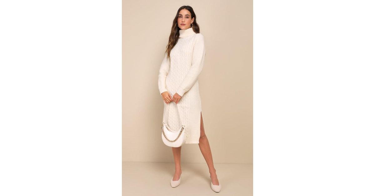 Lulus Snuggly Forecast Cream Cable Knit Turtleneck Sweater Midi Dress in Natural | Lyst