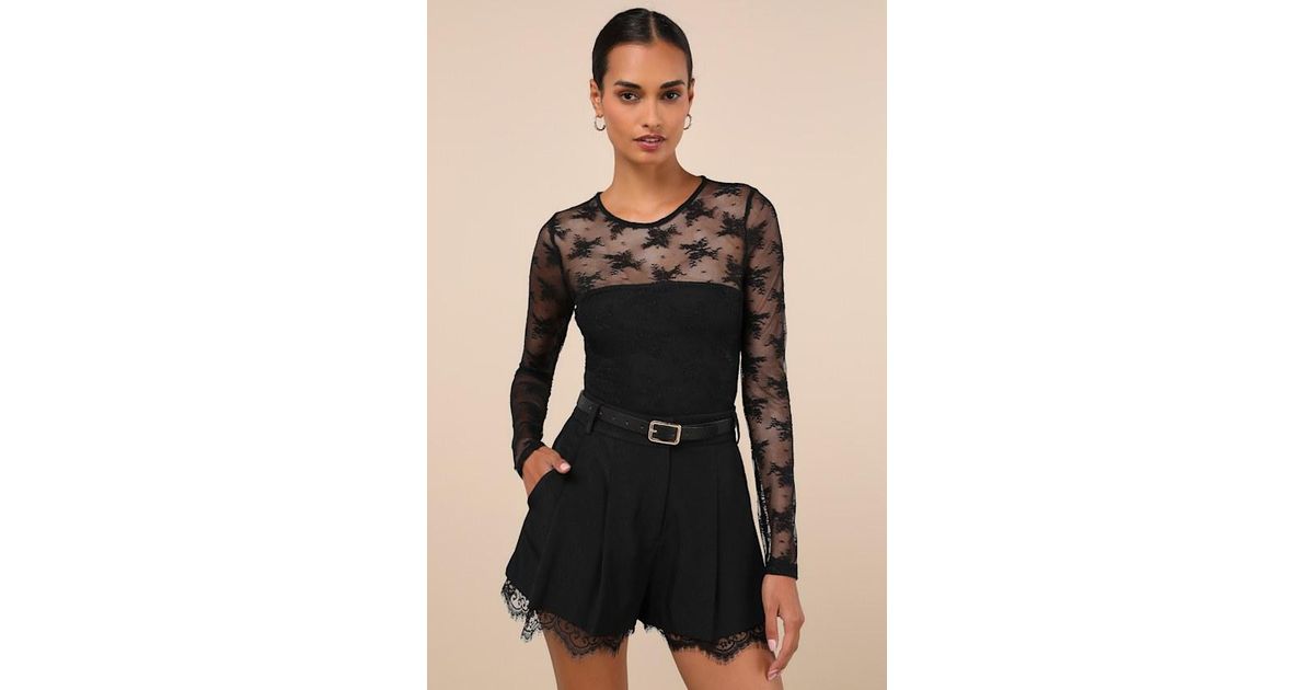 Lulus Sheer-Ly Sweet Sheer Lace Crew Neck Long Sleeve Bodysuit in Black ...