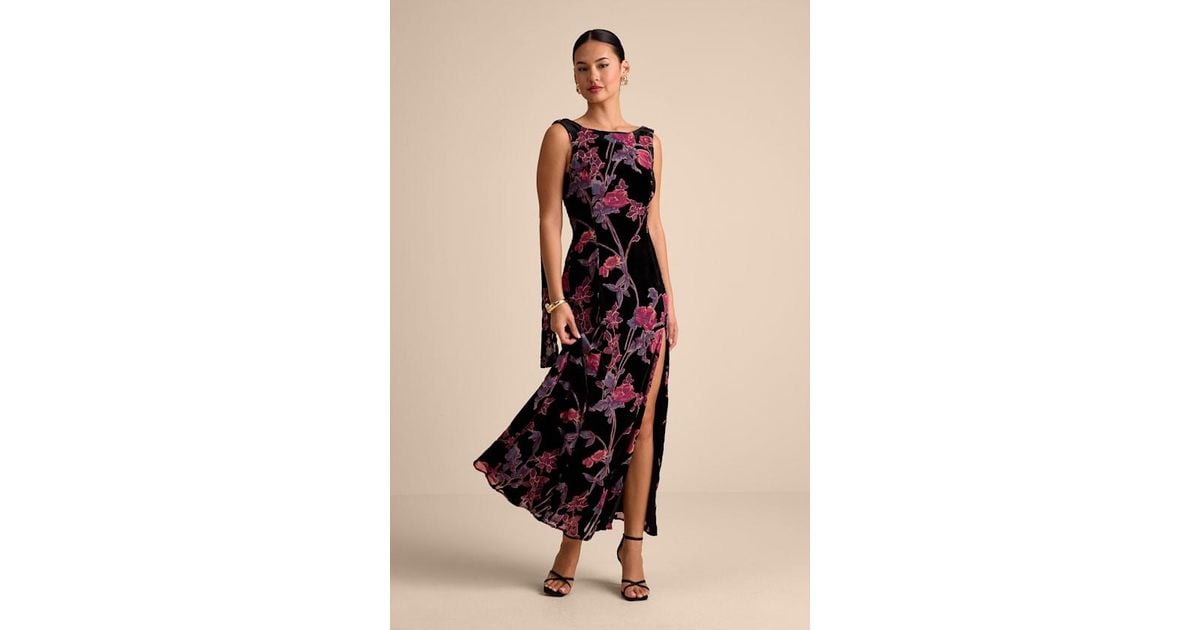 Lulus Liora Velvet Floral Burnout Boat Neck Sash Maxi Dress in Black | Lyst
