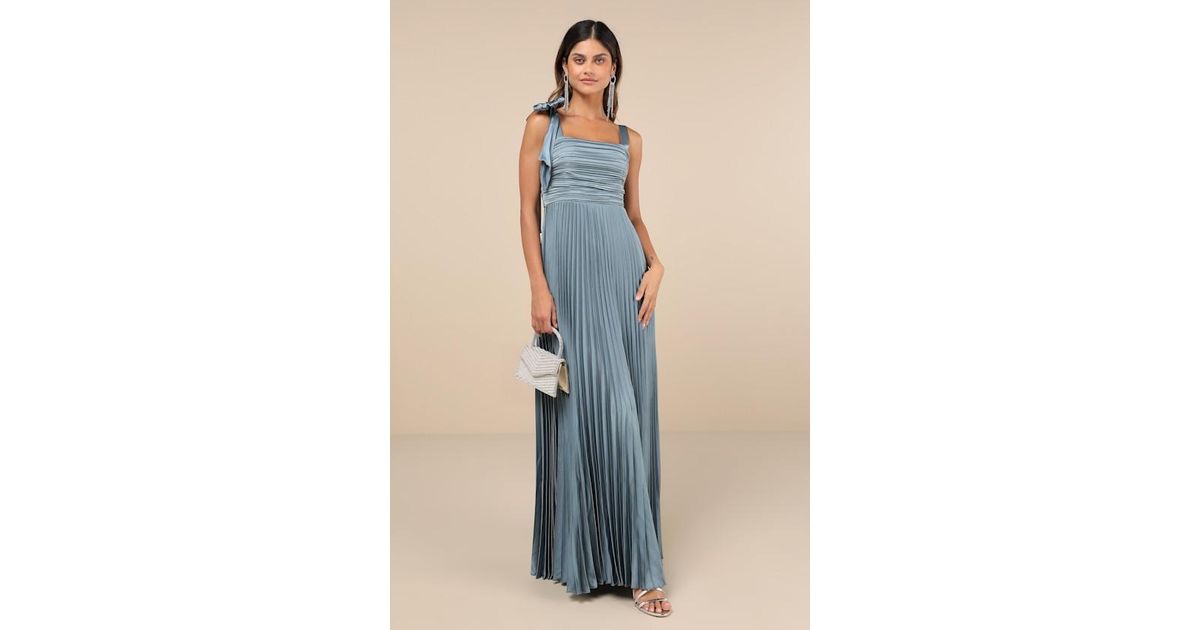 Lulus Gorgeous Purpose Slate Satin Pleated Sleeveless Bow Maxi Dress in ...