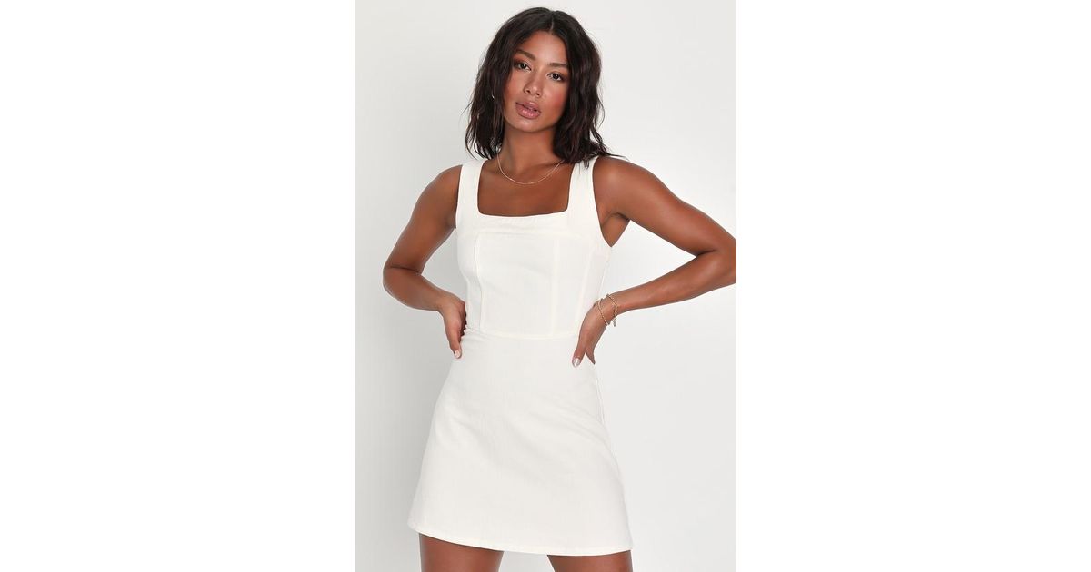 Lulus So Delighted Denim Corset Seam Mini Dress in White | Lyst