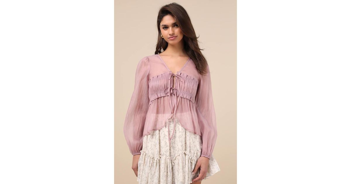 Lulus Kyler Sheer Tie-Front Long Sleeve Top in Pink | Lyst