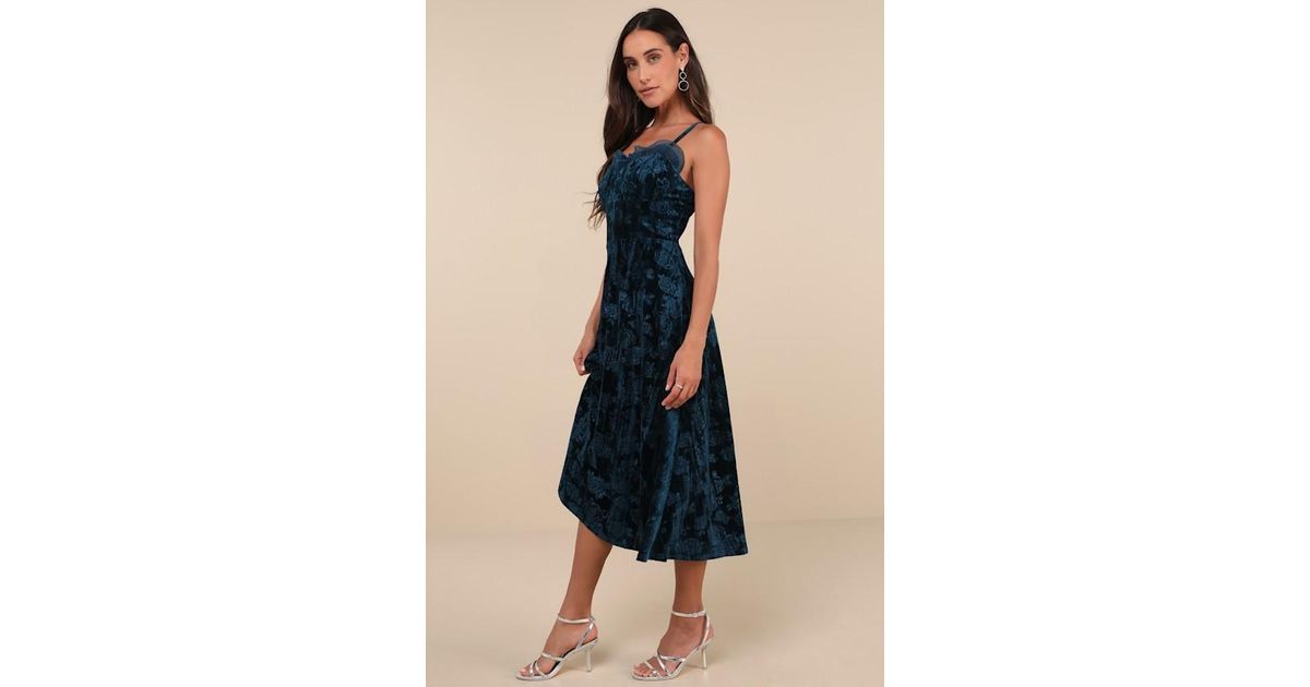 Lulus Considered Glamour Dark Crushed Velvet Buster Midi Dress in Blue ...