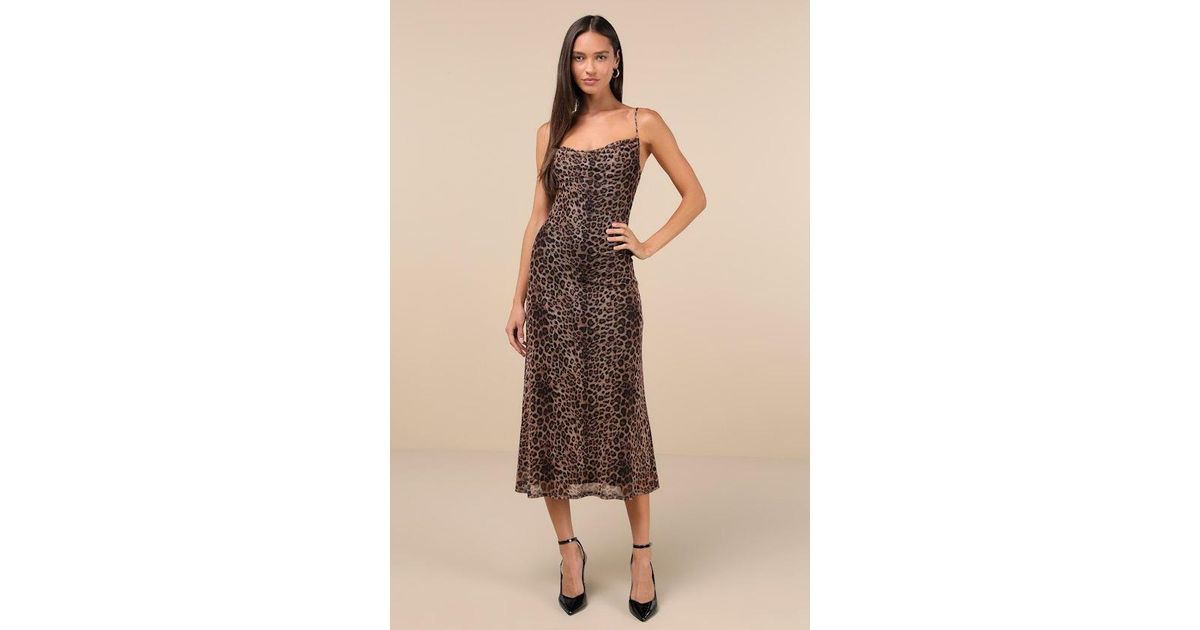 Lulus Flirty Destiny Leopard Print Mesh Cowl Neck Midi Dress in Brown ...
