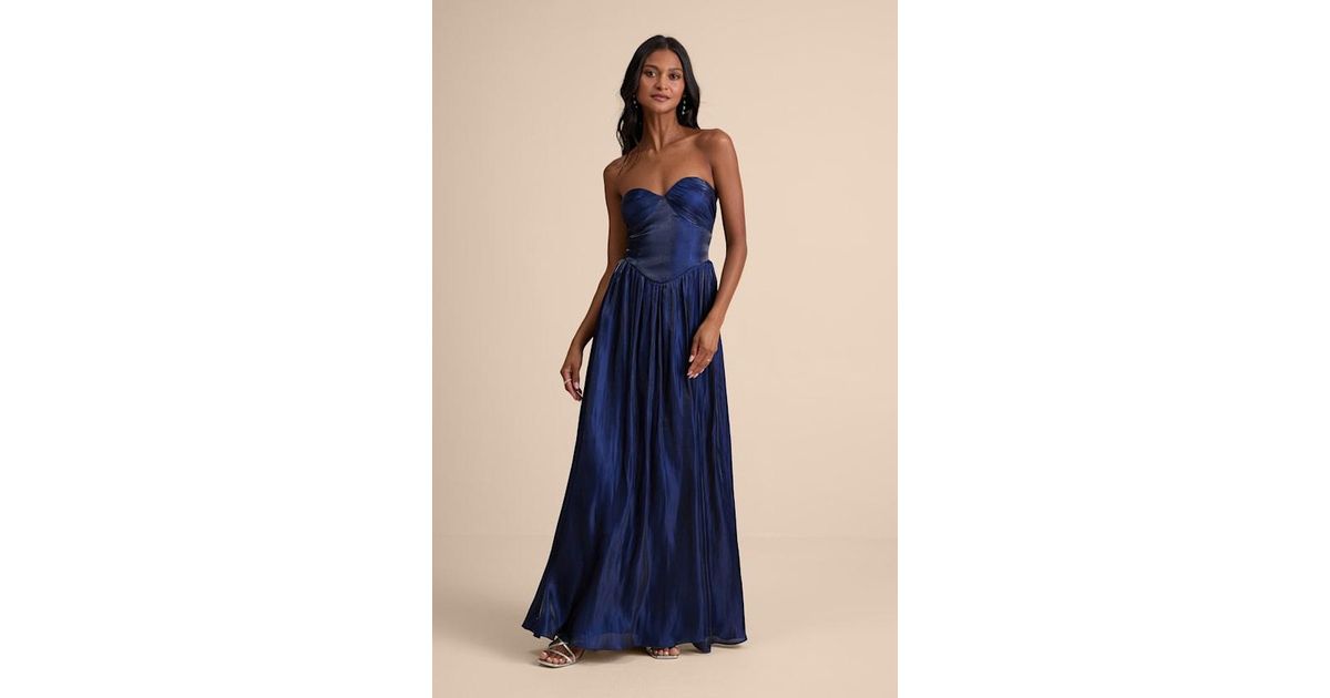 Lulus Kylin Satin Basque Waist Maxi Dress in Blue | Lyst