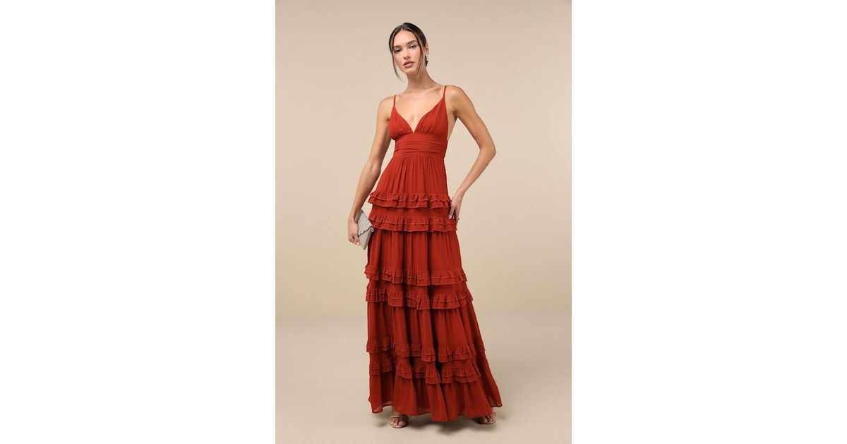 Lulus Lavish Perfection Rust Ruffled Tiered Maxi Dress | Lyst