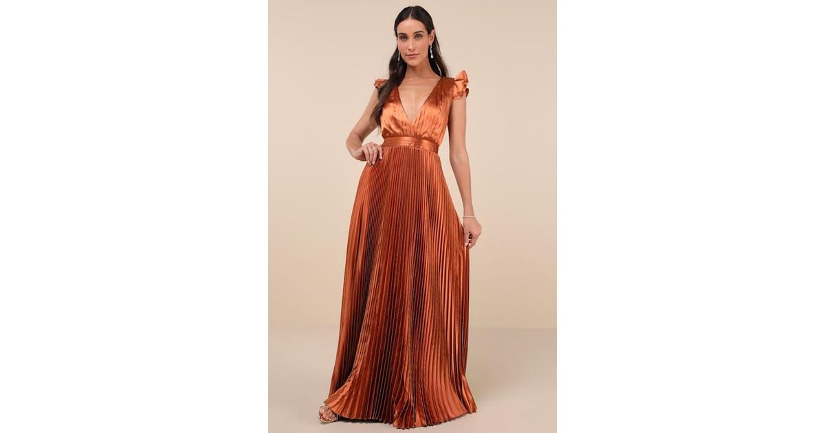 Lulus Exceptional Drama Satin Lace-Up Pleated Maxi Dress in Orange | Lyst