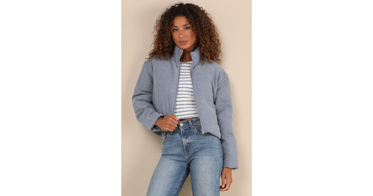 Lulus Cloud Nine Cutie Slate Cropped Corduroy Puffer Jacket in Blue | Lyst