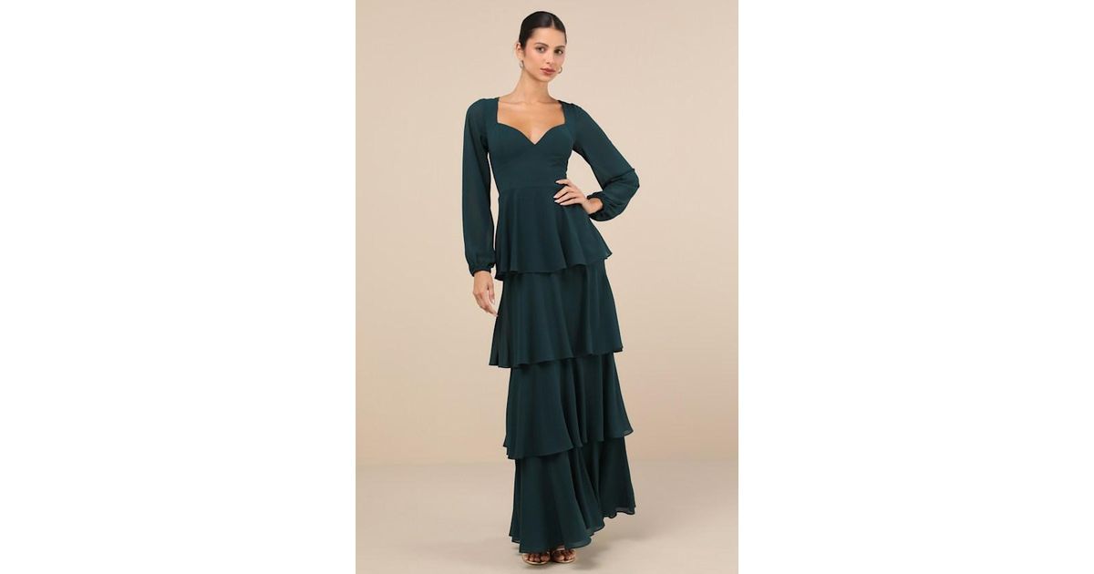 Lulus Flawless Excellence Emerald Tiered Long Sleeve Maxi Dress in Blue ...