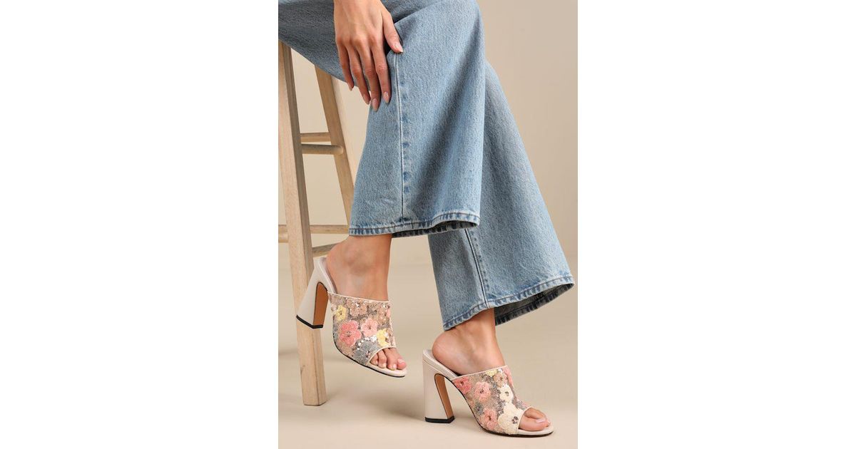 Lulus Callixta Bone Floral Sequin High Heel Slide Sandals in Natural | Lyst