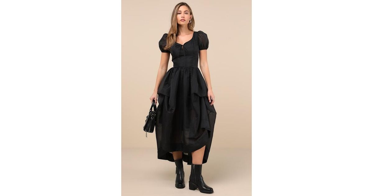 Lulus Delightfully Chic Organza Puff Sleeve Midi Dress in Black | Lyst UK