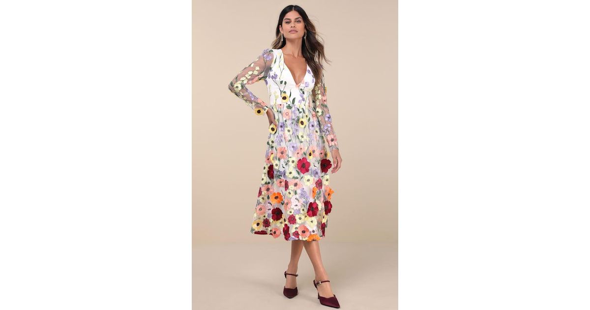 Lulus Impressive Blossom 3D Floral Embroidered Midi Dress in Natural | Lyst