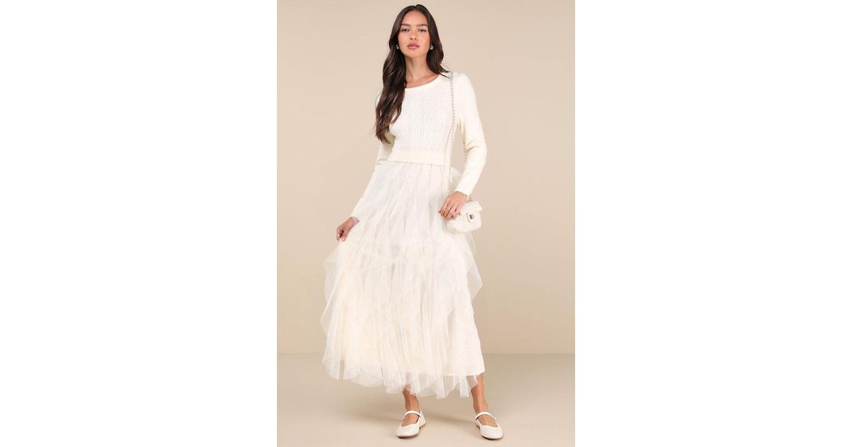 Lulus Ultimate Beauty Cable Knit Ruffled Tulle Maxi Dress in Natural | Lyst