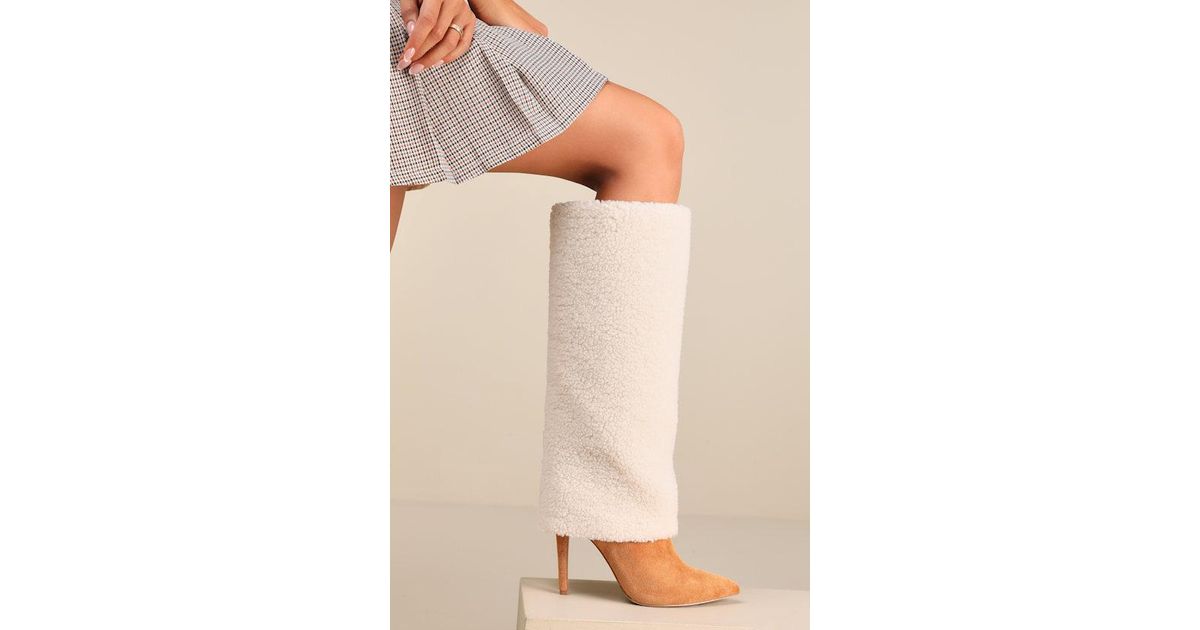 Lulus Erving Suede Faux Fur Fold-Over Knee-High Boots in Natural | Lyst