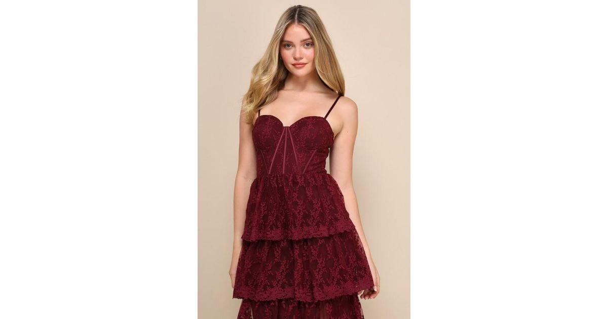 Lulus Exceptional Persona Lace Tiered Bustier Midi Dress | Lyst