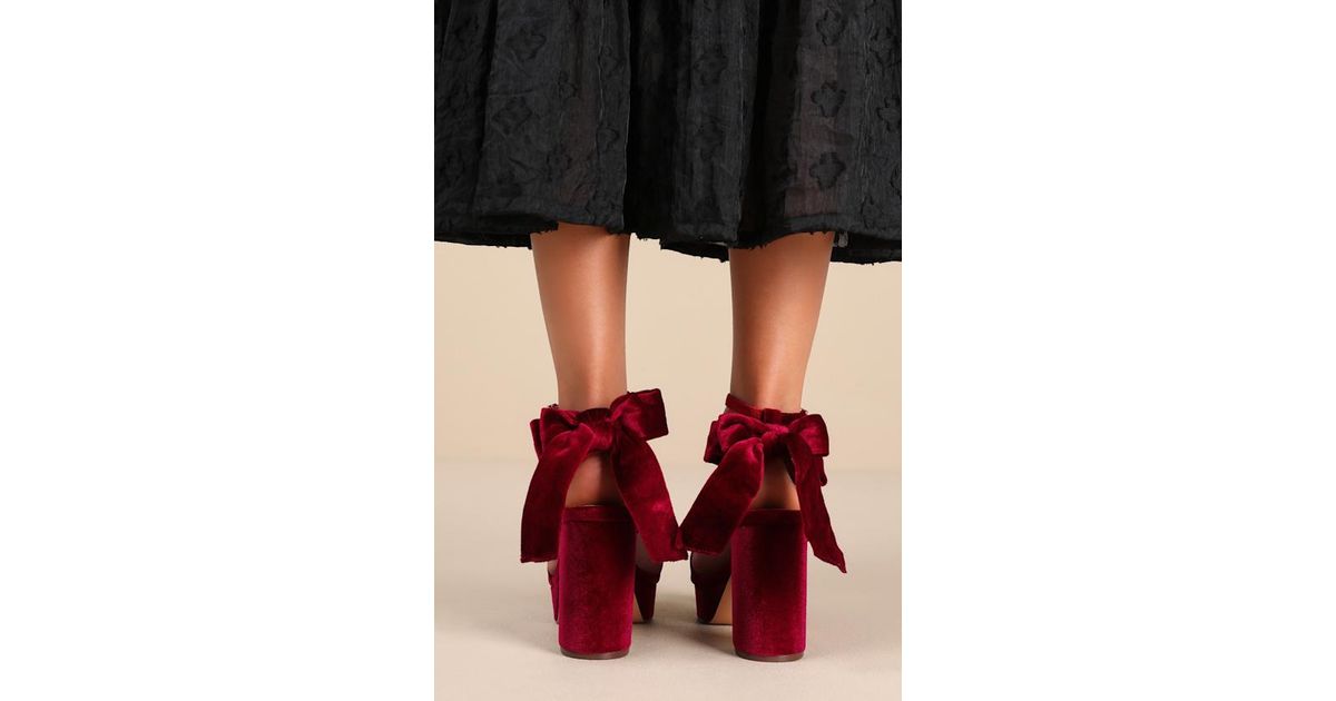 Lulus Sassyy Wine Velvet Bow Platform Ankle Strap Sandals in Red | Lyst