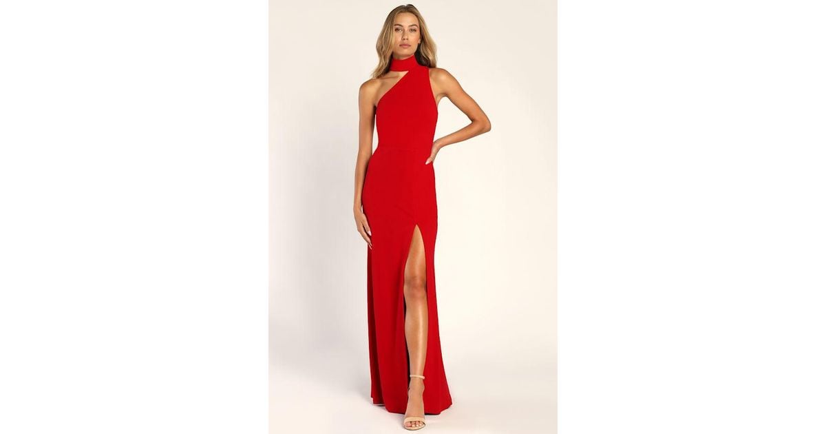 Lulus Keep It Interesting Asymmetrical Cutout Halter Maxi Dress in Red ...