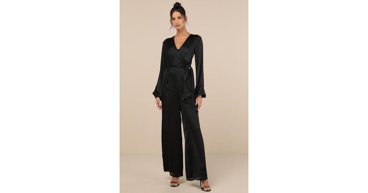 Lulus Iconic Influence Long Sleeve Faux-Wrap Wide-Leg Jumpsuit in Black ...