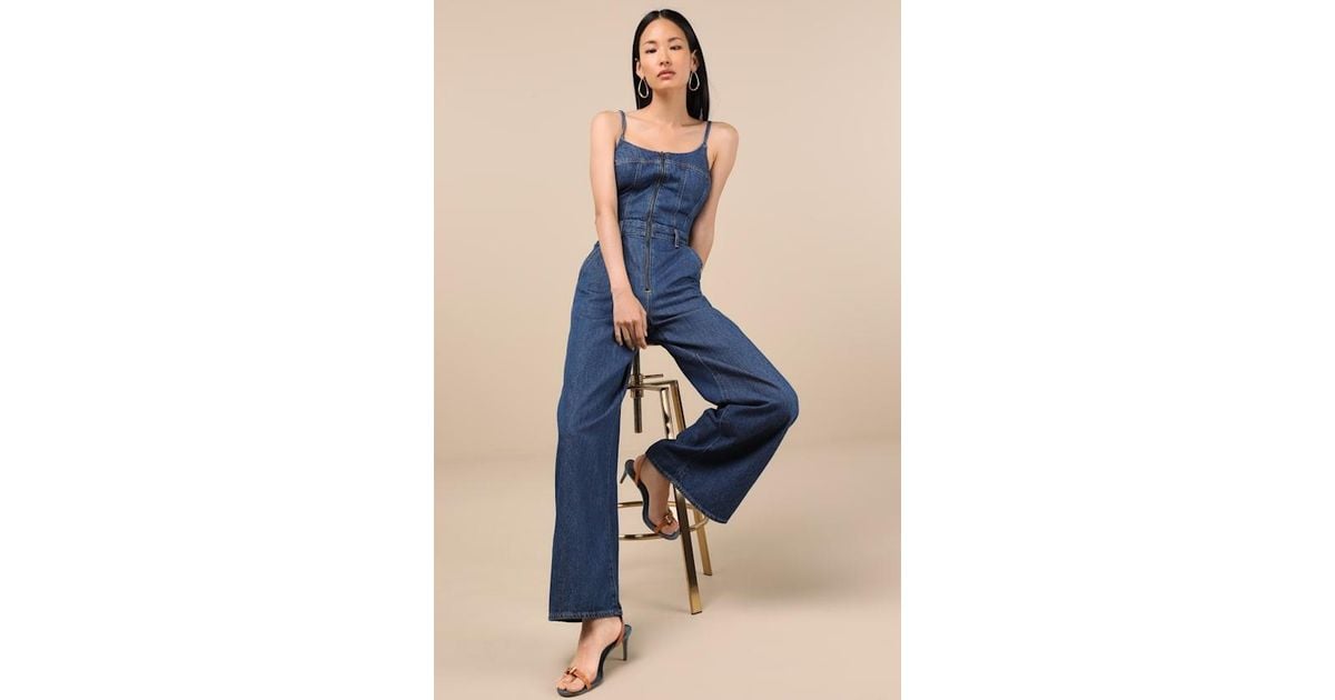 Levi's Bustier Dark Wash Zip-Front Wide-Leg Jumpsuit in Blue | Lyst