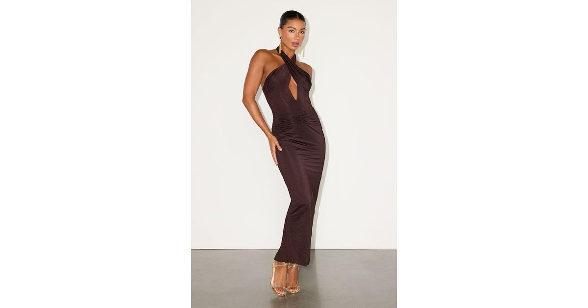 Lulus Tailynn Dark Slinky Knit Cross-Front Maxi Dress in Brown | Lyst