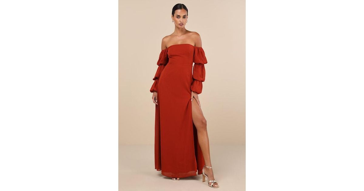 Lulus Demure Aura Rust Tiered Balloon Sleeve Off-The-Shoulder Dress | Lyst