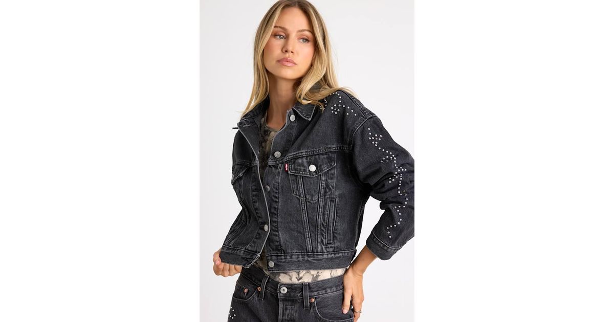Levi's Shrunken '90S Washed Denim Studded Trucker Jacket in Black | Lyst UK