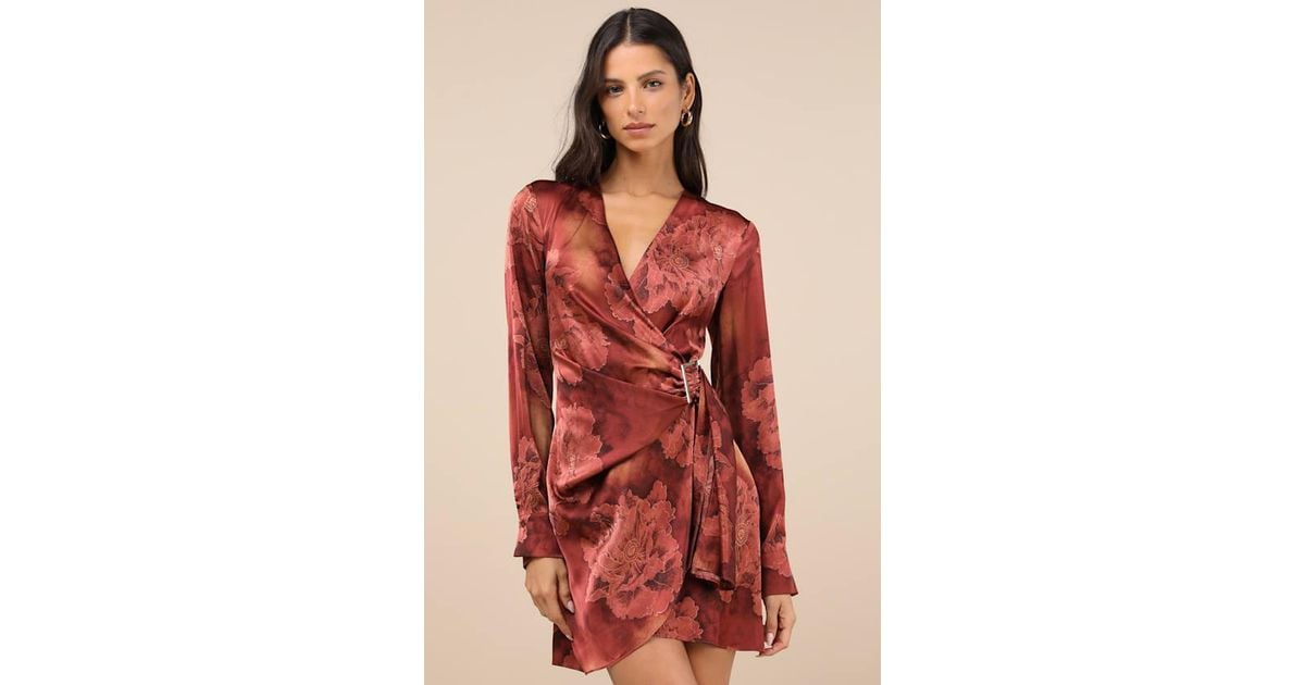 Lulus Casually Elegant Rust Floral Satin Surplice Belted Mini Dress in ...