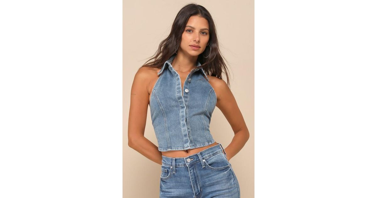 Lulus Sensational Trend Light Wash Denim Collared Backless Crop Top in ...