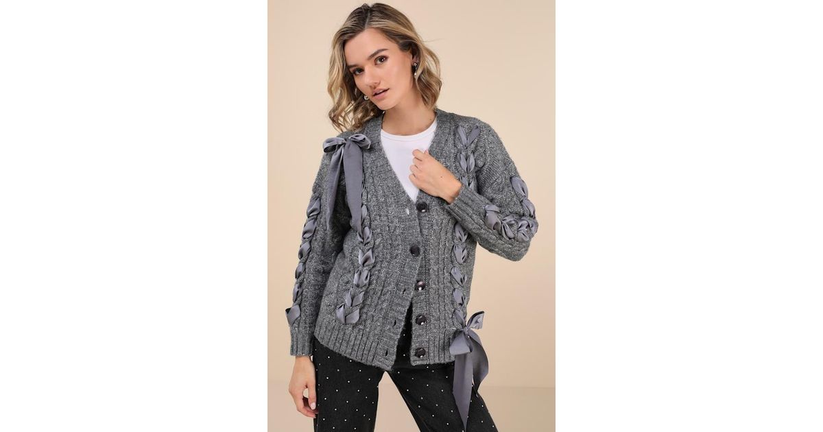 Moon River Hesper Cable Knit Lace-Up Cardigan Sweater in Gray | Lyst