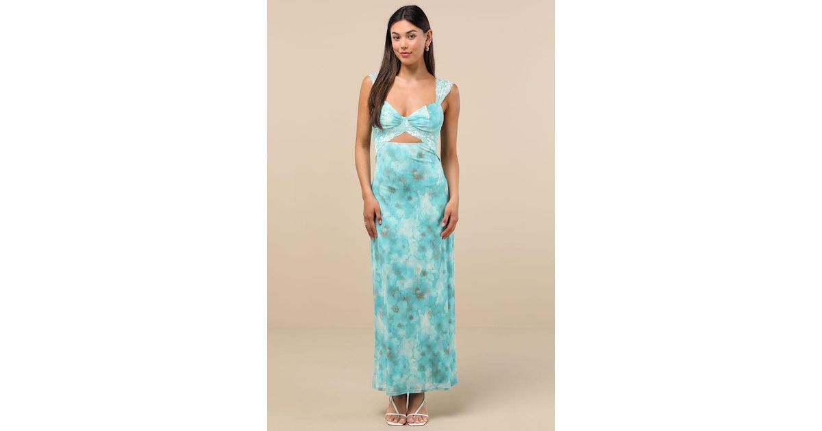 Lulus Endlessly Cute Floral Mesh Cutout Lace Bustier Maxi Dress in Blue ...