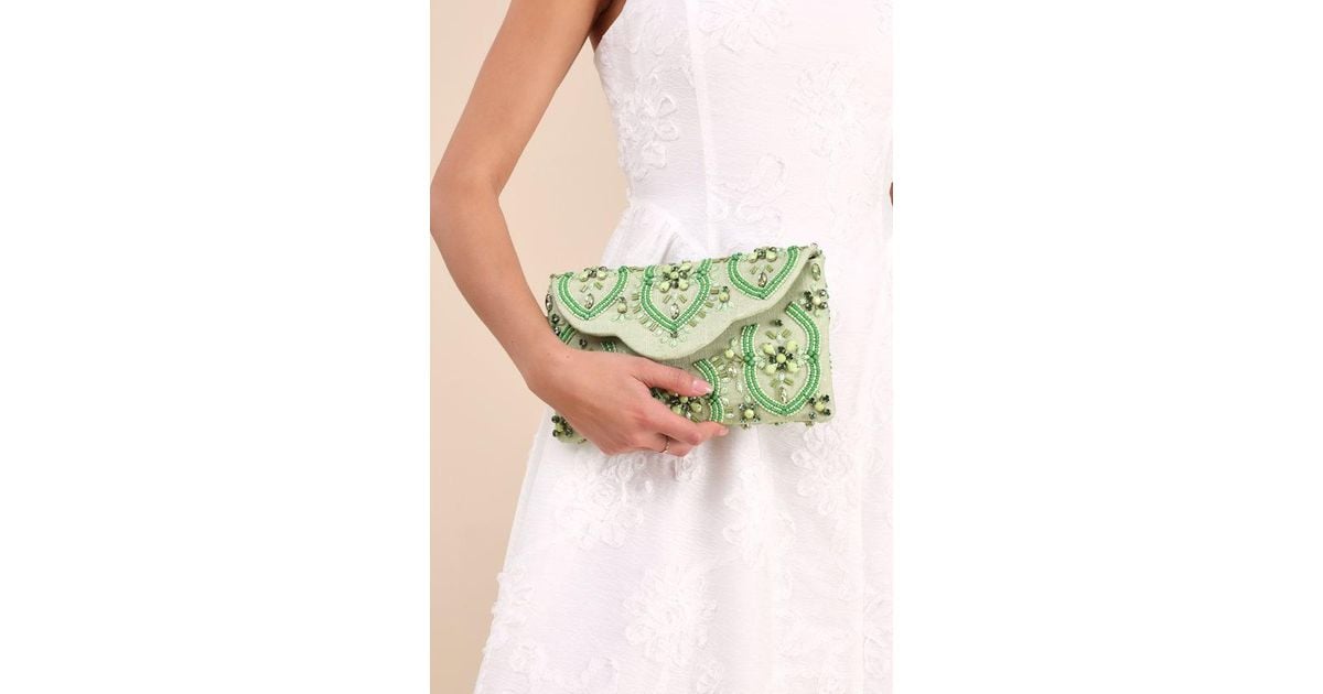 Lulus Unrivaled Aesthetic Light Rhinestone Beaded Clutch in Green | Lyst
